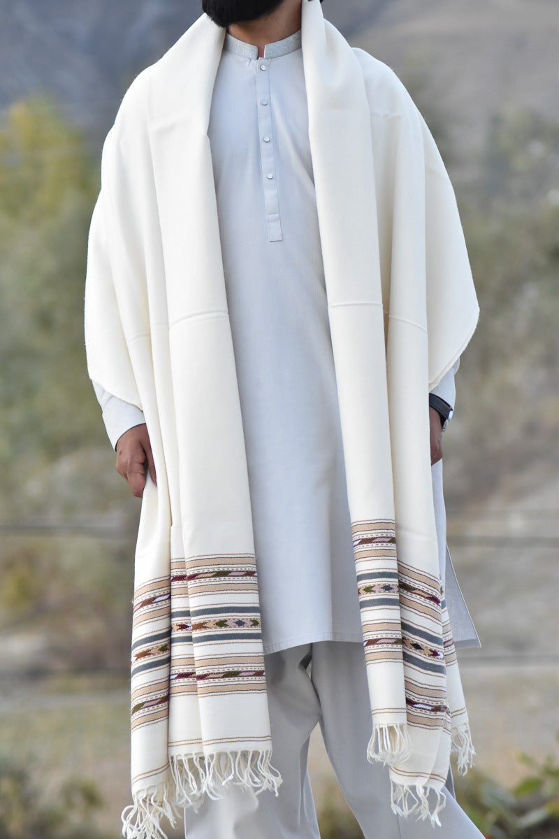 Premium White Pure Woolen Shawl for Men with Heritage Border - Handmad ...