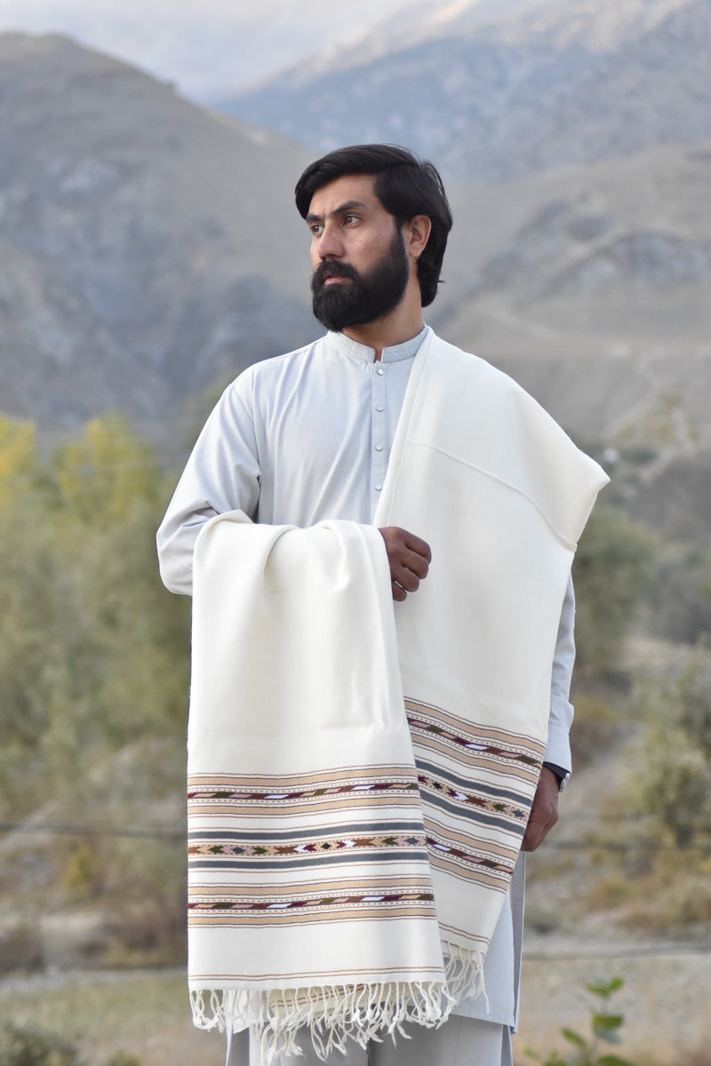 Premium White Pure Woolen Shawl for Men with Heritage Border - Handmad ...